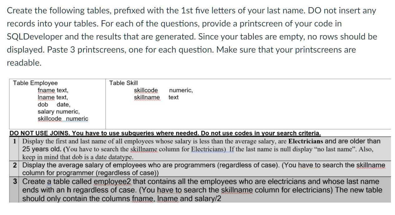 Solved Create the following tables, prefixed with the 1st | Chegg.com