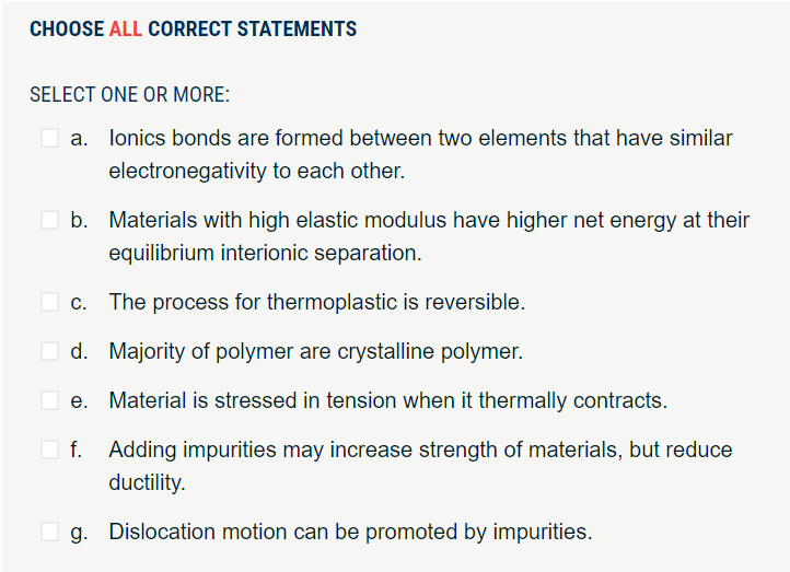 Solved CHOOSE ALL CORRECT STATEMENTS SELECT ONE OR MORE: a. | Chegg.com
