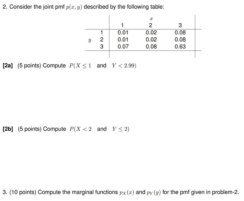 Solved 2. Consider the joint pmf p(x,y) described by the | Chegg.com