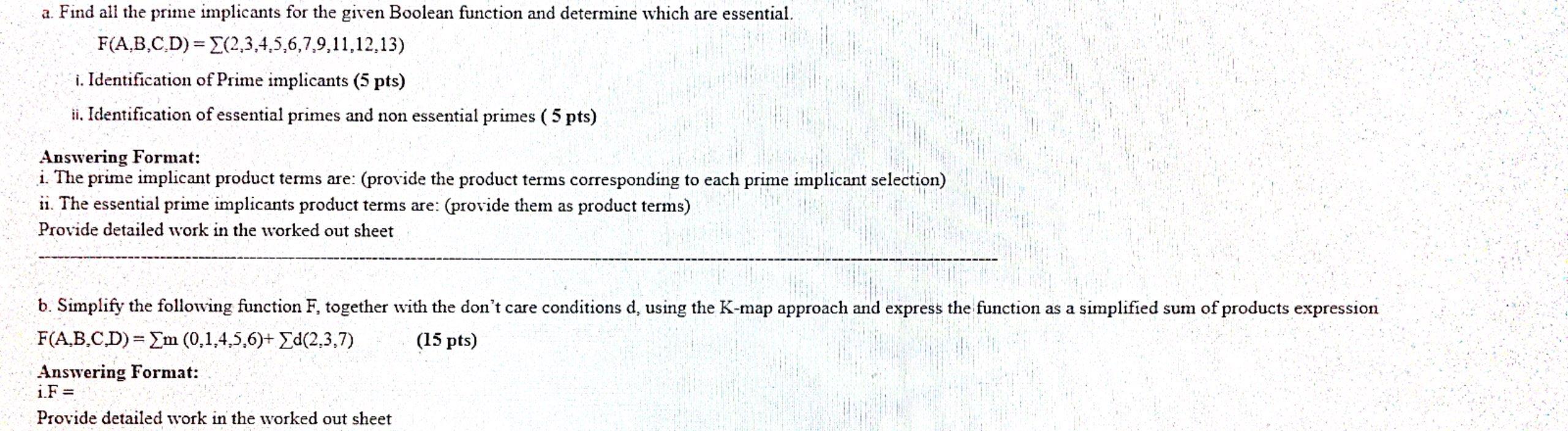 Solved a Find all the prime implicants for the given Boolean | Chegg.com