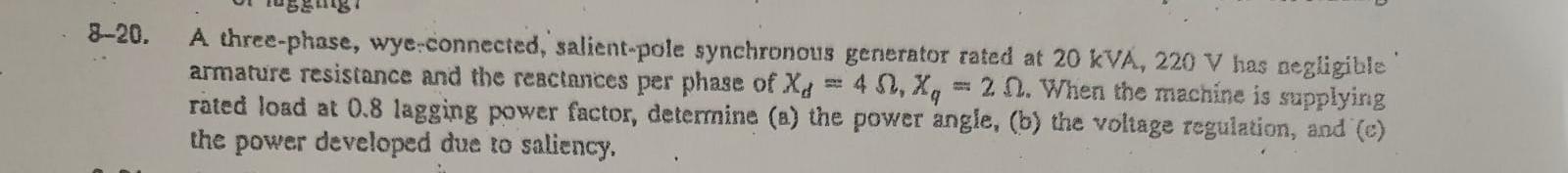 Solved 8-20. A three-phase, wye-connected, salient-pole | Chegg.com