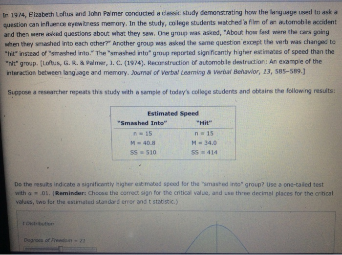 Solved In 1974, Elizabeth Loftus and John Palmer conducted a | Chegg.com