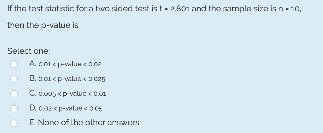 Solved If the test statistic for a two sided test is t = | Chegg.com