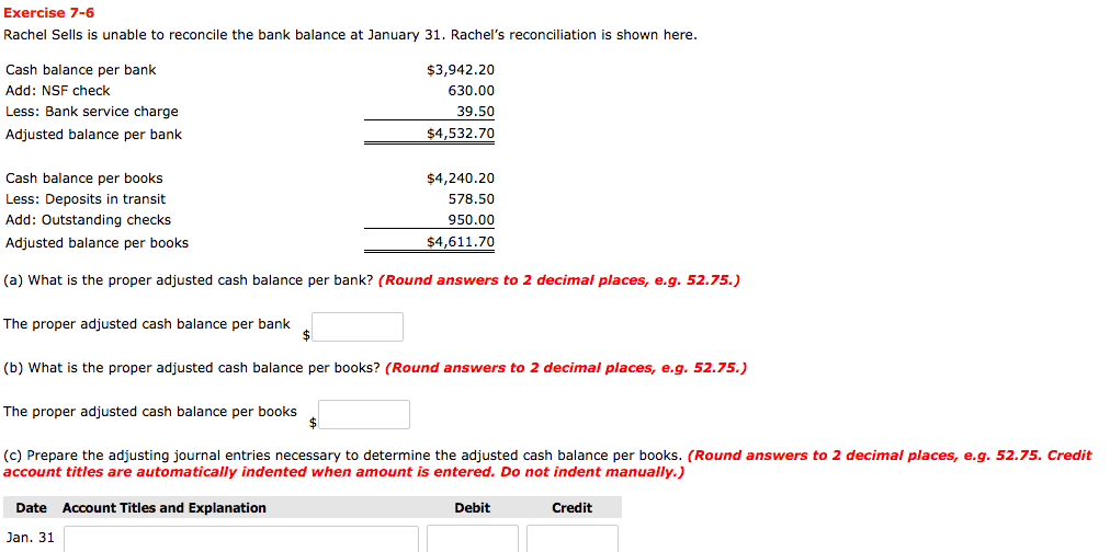Solved Exercise 7-6 Rachel Sells is unable to reconcile the | Chegg.com