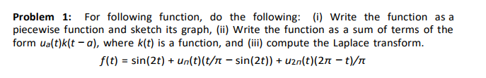Solved Problem 1: For following function, do the following: | Chegg.com