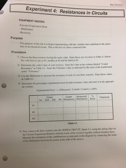 Experiment 4: Resistances in Circuits EQUIPMENT | Chegg.com