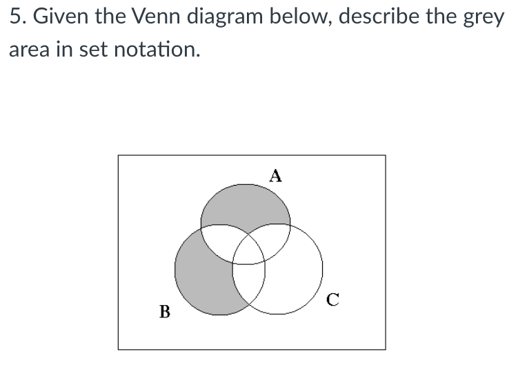 Solved 5. Given the Venn diagram below, describe the grey | Chegg.com