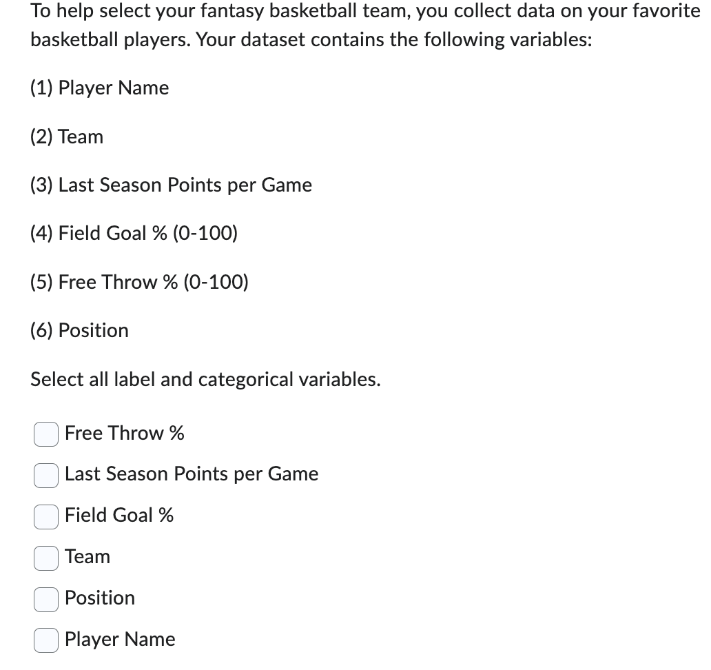 Solved To help select your fantasy basketball team, you | Chegg.com