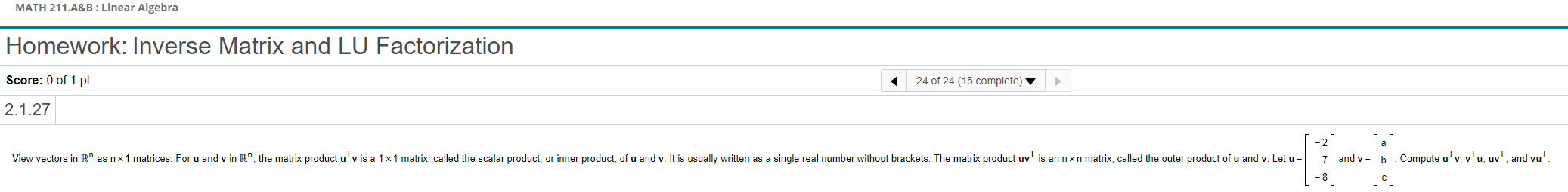 Solved MATH 211.A&B: Linear Algebra Homework: Inverse Matrix | Chegg.com