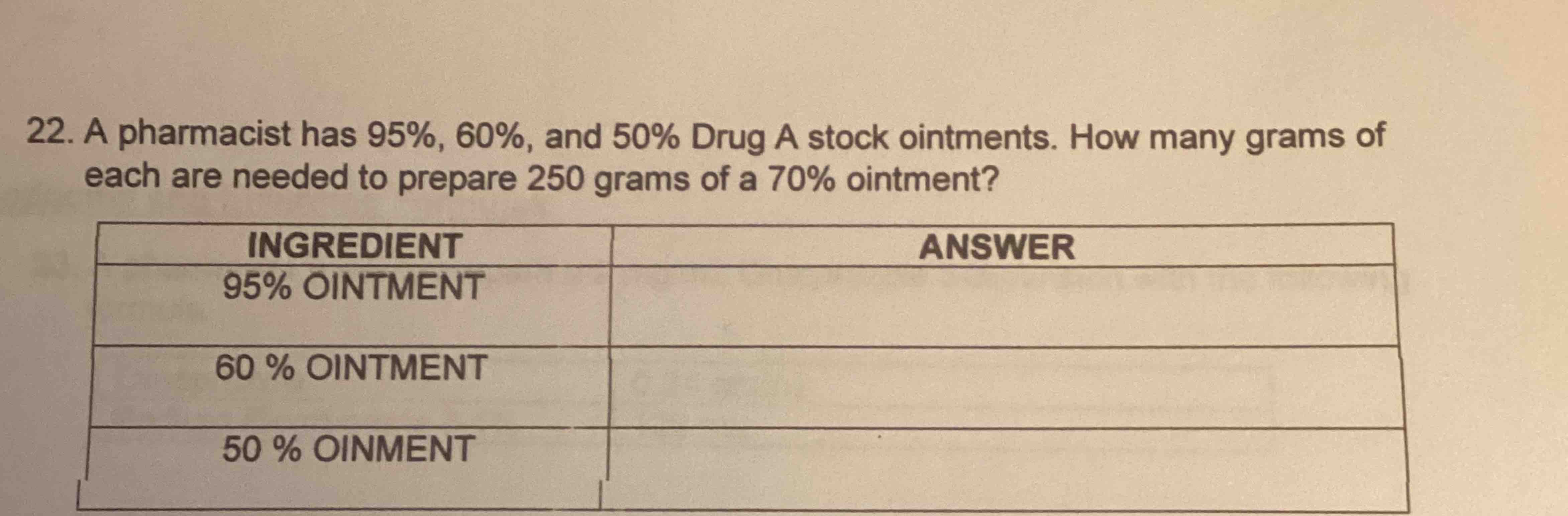 Solved A pharmacist has 95%,60%, ﻿and 50% ﻿Drug A stock | Chegg.com