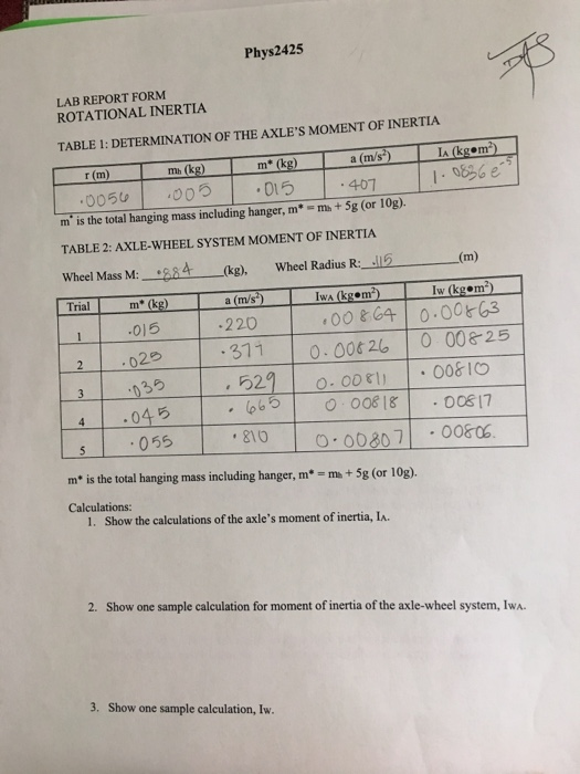 Phys2425 LAB REPORT FORM ROTATIONAL INERTIA TABLE 1: | Chegg.com