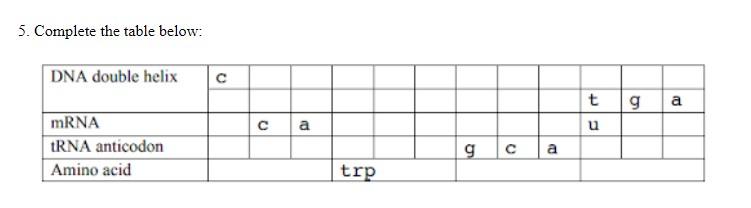 Solved 5. Complete the table below: DNA double helix с t g a | Chegg.com