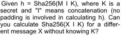 Solved Given h = Sha256(M I K), where K is a secret and "T" | Chegg.com
