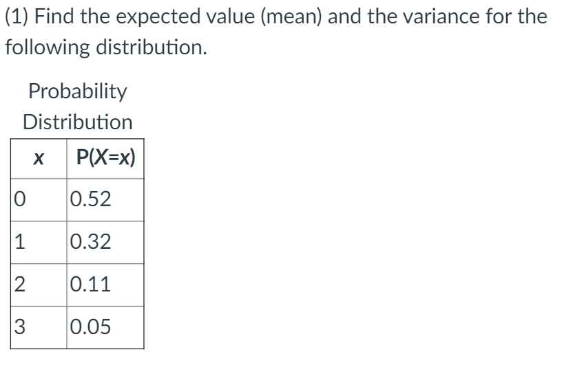 Solved (1) Find the expected value (mean) and the variance | Chegg.com