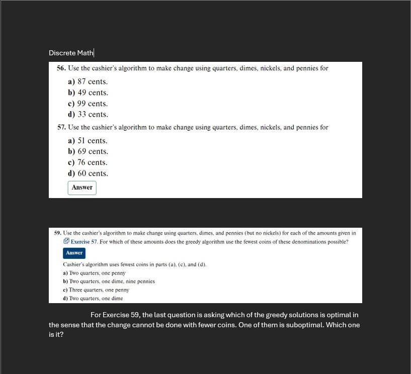Solved Discrete MathUse the cashier's algorithm to make | Chegg.com