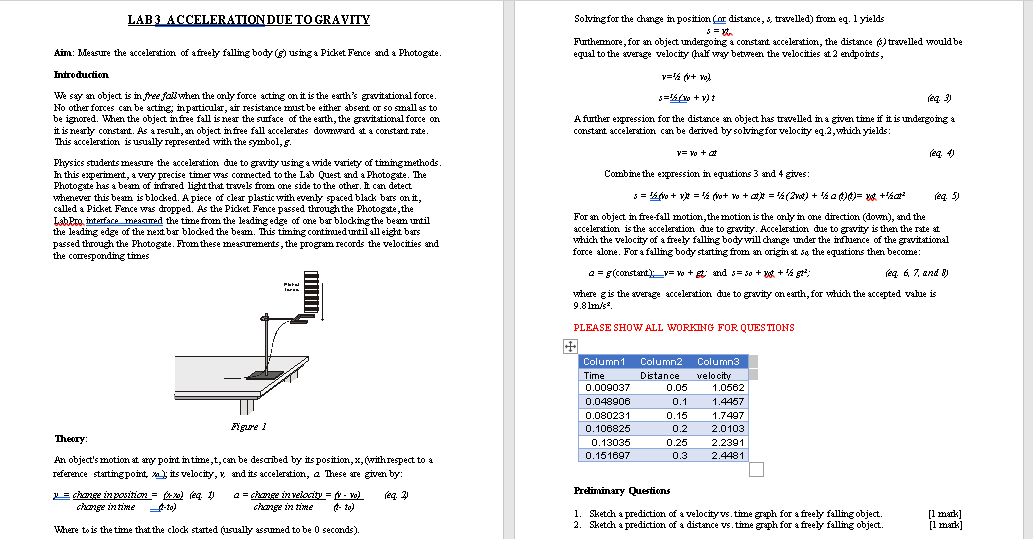 Solved LAB3 ACCELERATION DUE TO GRAVITY Solving for the | Chegg.com