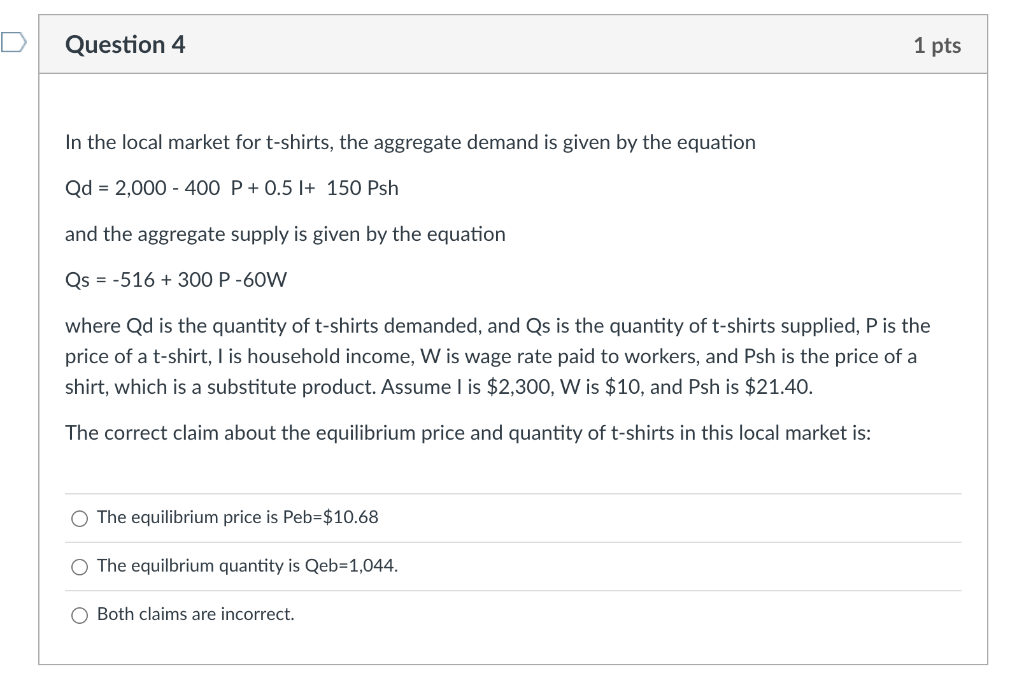 Solved In the local market for t-shirts, the aggregate | Chegg.com
