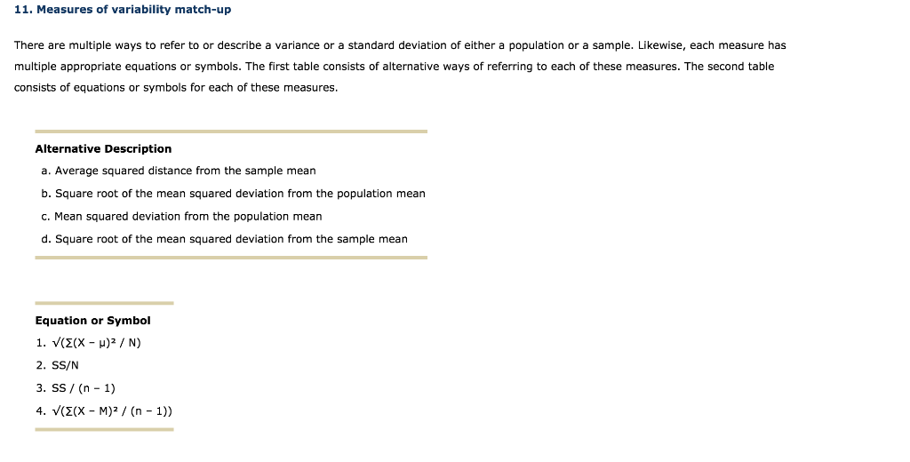 Solved 11. Measures of variability match-up There are | Chegg.com