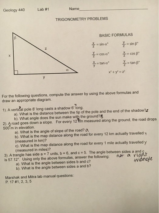 Solved Geology 440 Lab #1 Name TRIGONOMETRY PROBLEMS BASIC | Chegg.com