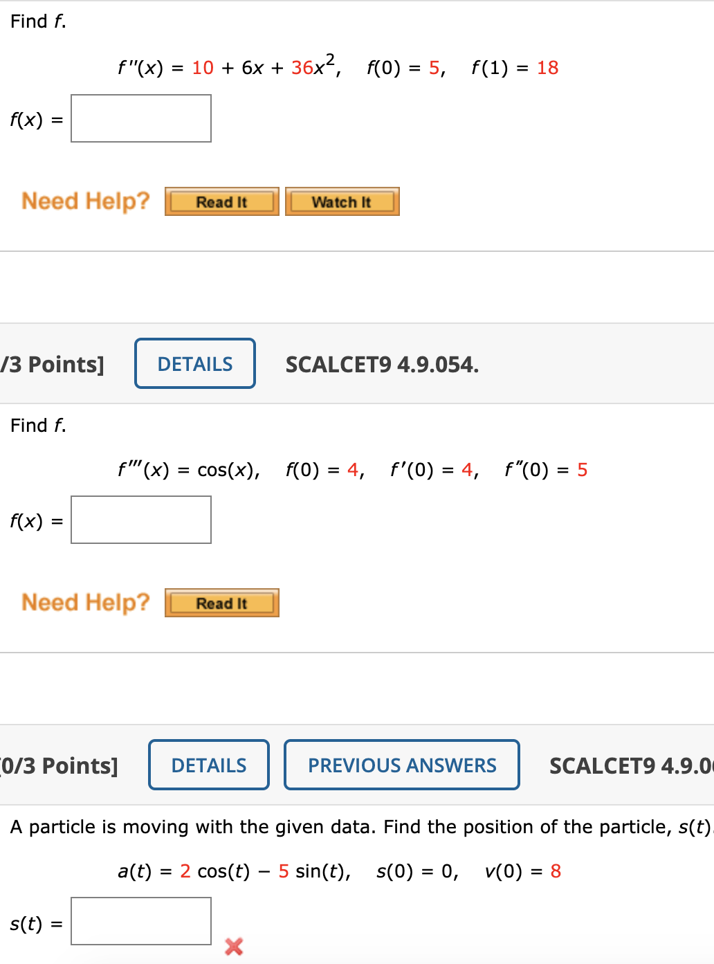 Solved Find f. f"(x) = 10 + 6x + 36x?, f(0) = 5, f(1) = 18 | Chegg.com