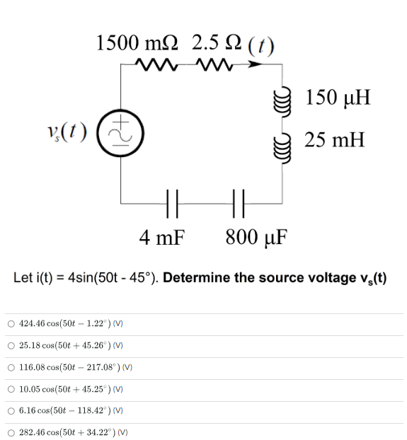 Solved Let i(t)=4sin(50t-45°). ﻿Determine the source voltage | Chegg.com