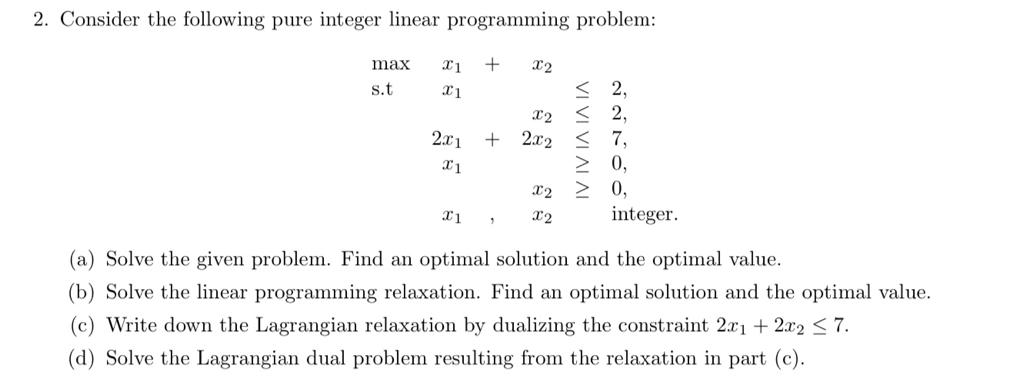 2. Consider the following pure integer linear | Chegg.com
