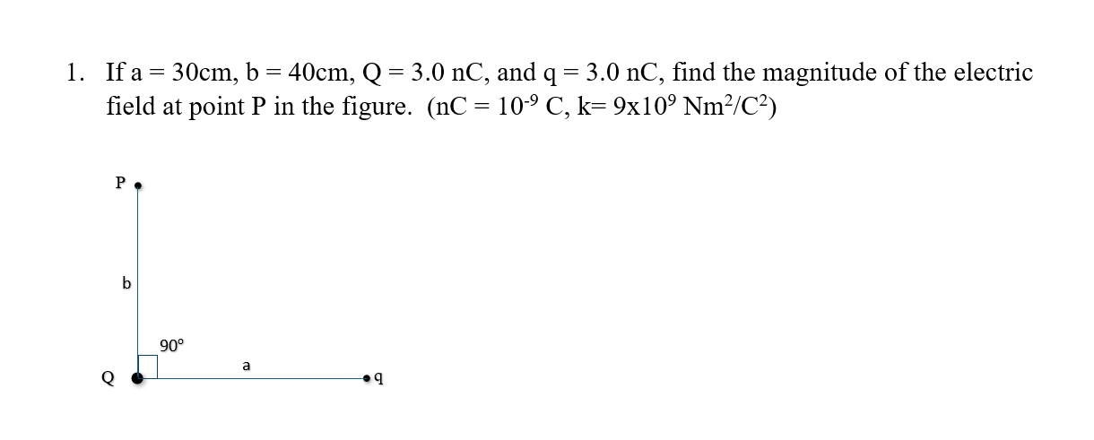 Solved If a=30cm,b=40cm,Q=3.0nC, ﻿and q=3.0nC, ﻿find the | Chegg.com
