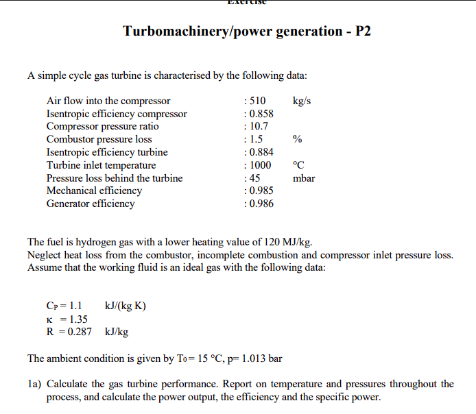 Turbomachinery/power generation - P2 A simple cycle | Chegg.com