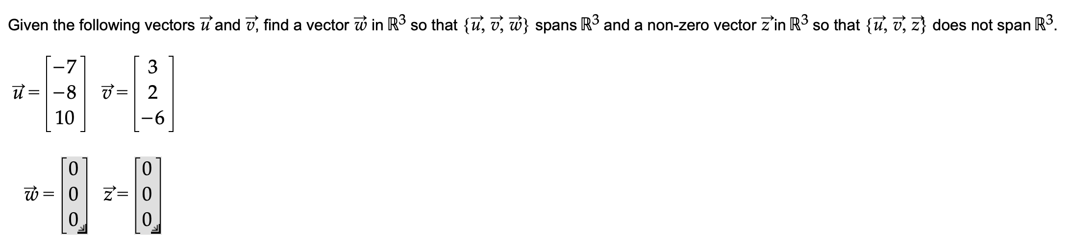 Solved Given the following vectors u and v, find a vector w | Chegg.com
