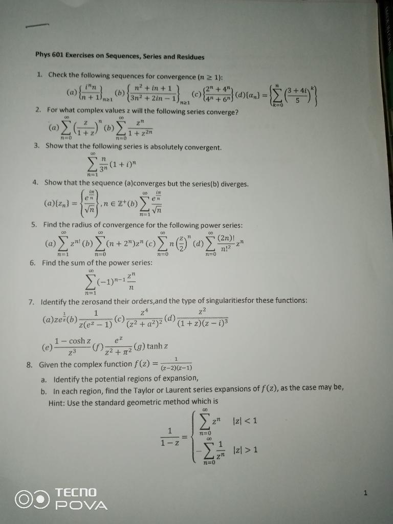 Solved Phys 601 Exercises on Sequences, Series and Residues | Chegg.com