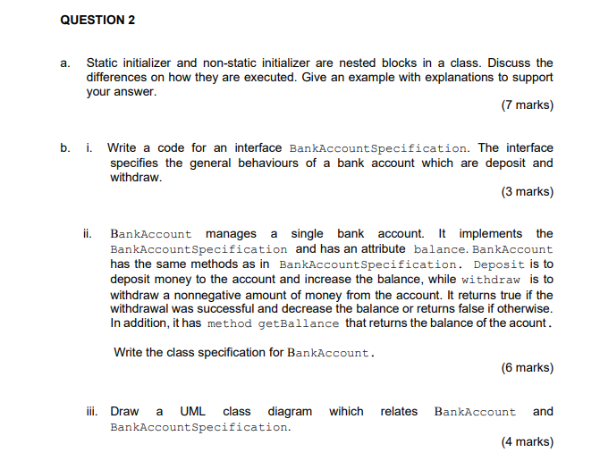 Solved QUESTION 2 a. Static initializer and non-static | Chegg.com