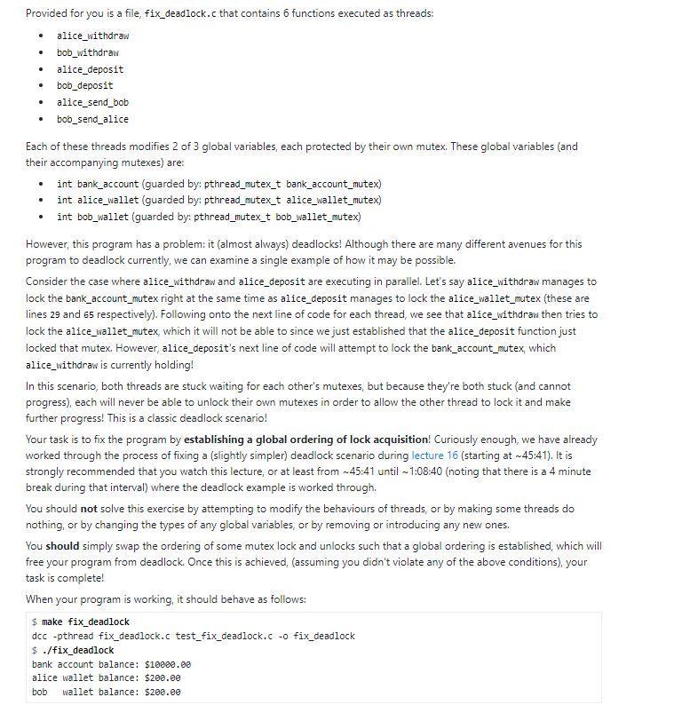 Solved Provided for you is a file, fix_deadlock.c that | Chegg.com