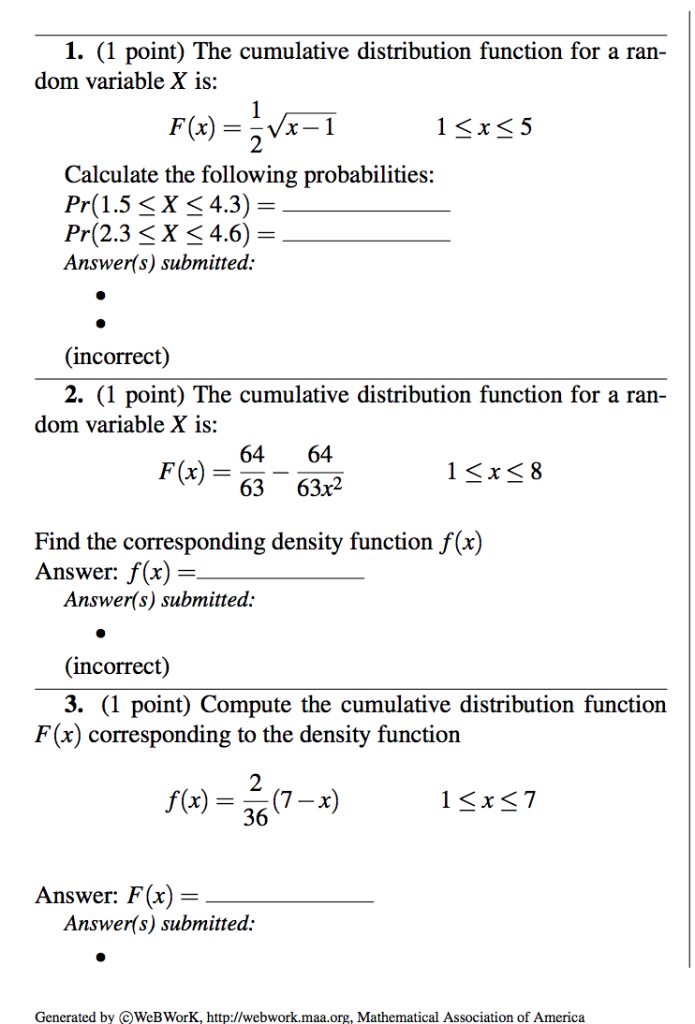Solved 1. (1 point) The cumulative distribution function for | Chegg.com