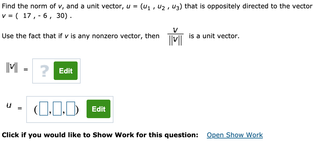 Solved Find the norm of v, and a unit vector, u = (U1, U2, | Chegg.com