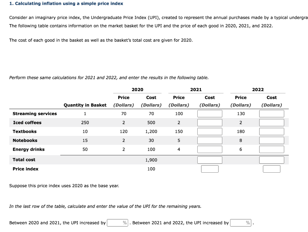 Solved 1. Calculating inflation using a simple price index | Chegg.com