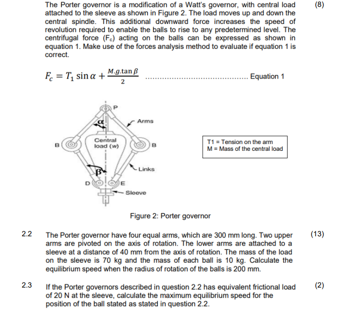Solved The Porter governor is a modification of a Watt's | Chegg.com