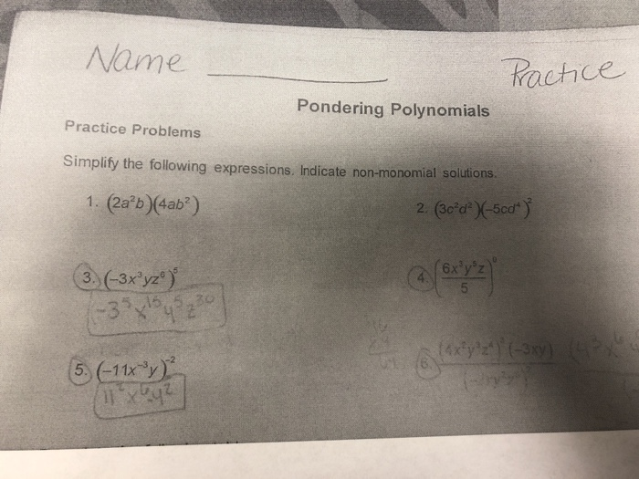 Solved Name Rachce Pondering Polynomials Practice Problems | Chegg.com