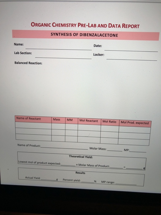 Solved ORGANIC CHEMISTRY PRE-LAB AND DATA REPORT SYNTHESIS | Chegg.com