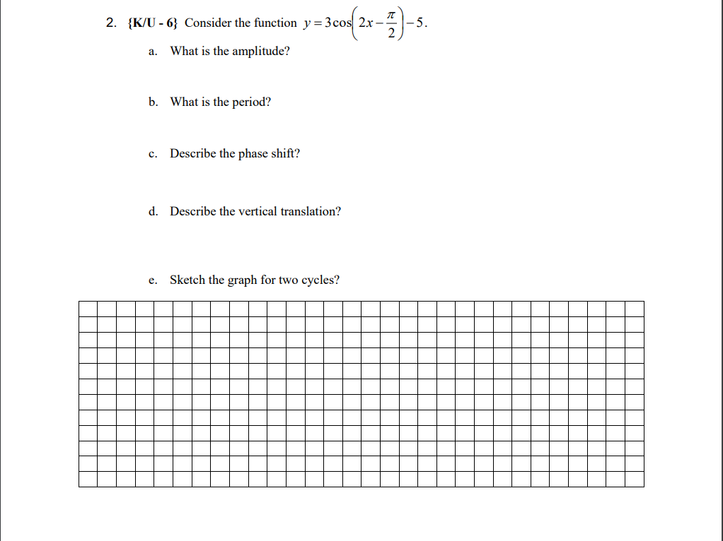 Solved 2. {K/U−6} Consider the function y=3cos(2x−2π)−5. a. | Chegg.com