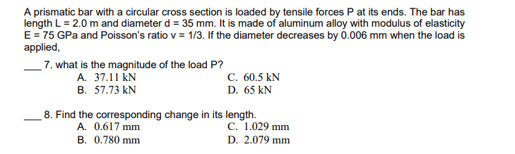 Solved A prismatic bar with a circular cross section is | Chegg.com