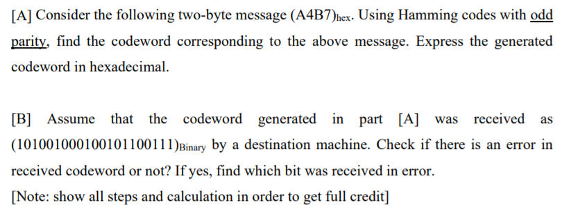 Solved [A] Consider the following two-byte message | Chegg.com