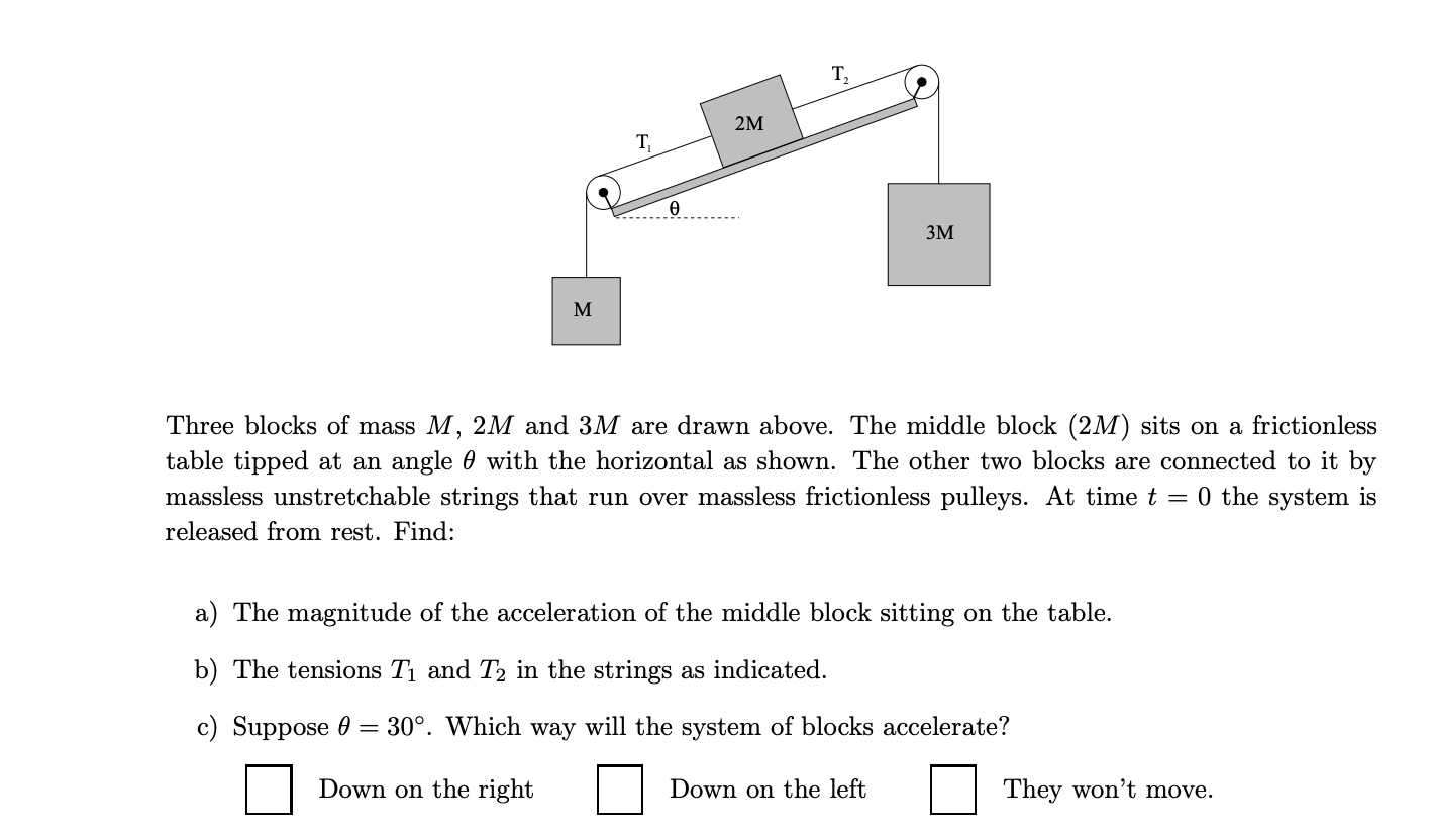 Solved 2M 3M Three blocks of mass M, 2M and 3M are drawn | Chegg.com