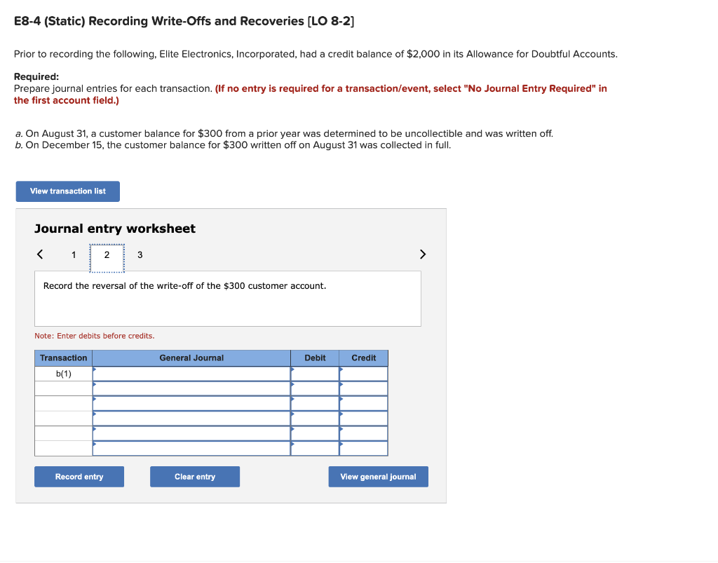 Solved E8-4 (Static) Recording Write-Offs and Recoveries [LO | Chegg.com
