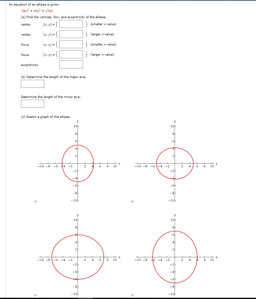 Solved An equation of an ellipse is given. 36x2 + 49y2 = | Chegg.com