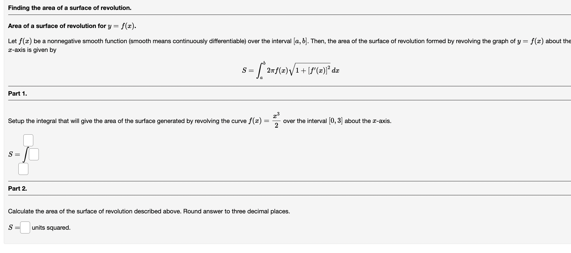 Solved Area of a surface of revolution for y=f(x). x-axis is | Chegg.com
