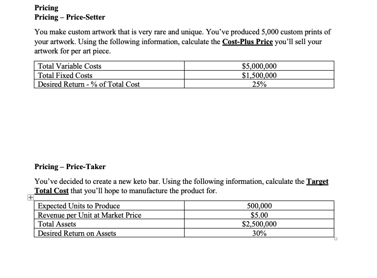 Solved Pricing Pricing - Price-Setter You make custom | Chegg.com