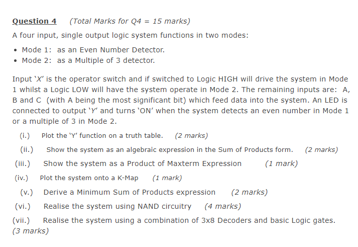 Solved Question 4 (Total Marks for Q4 = 15 marks) A four | Chegg.com