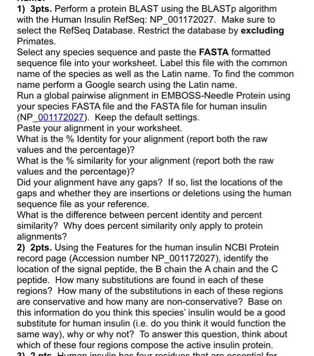 Solved 1) 3pts. Perform a protein BLAST using the BLASTp | Chegg.com
