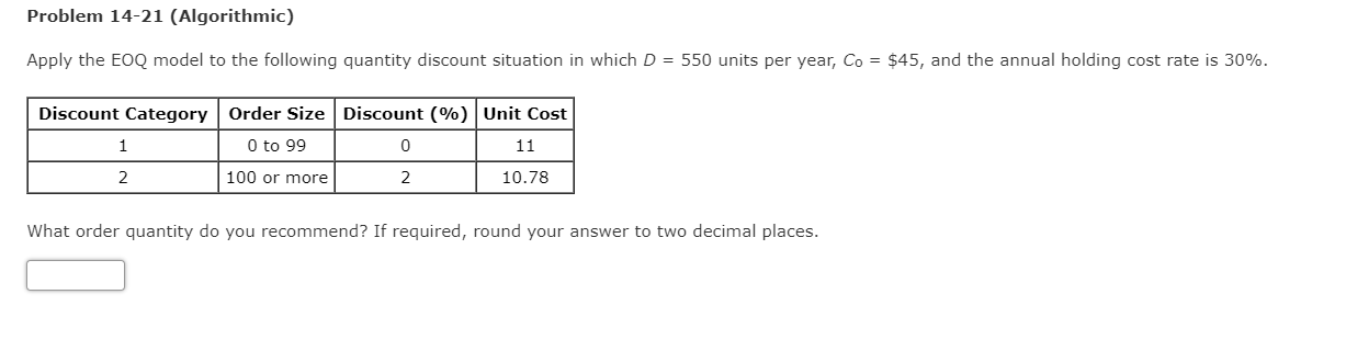 Solved Problem 14-21 (Algorithmic) Apply the EOQ model to | Chegg.com