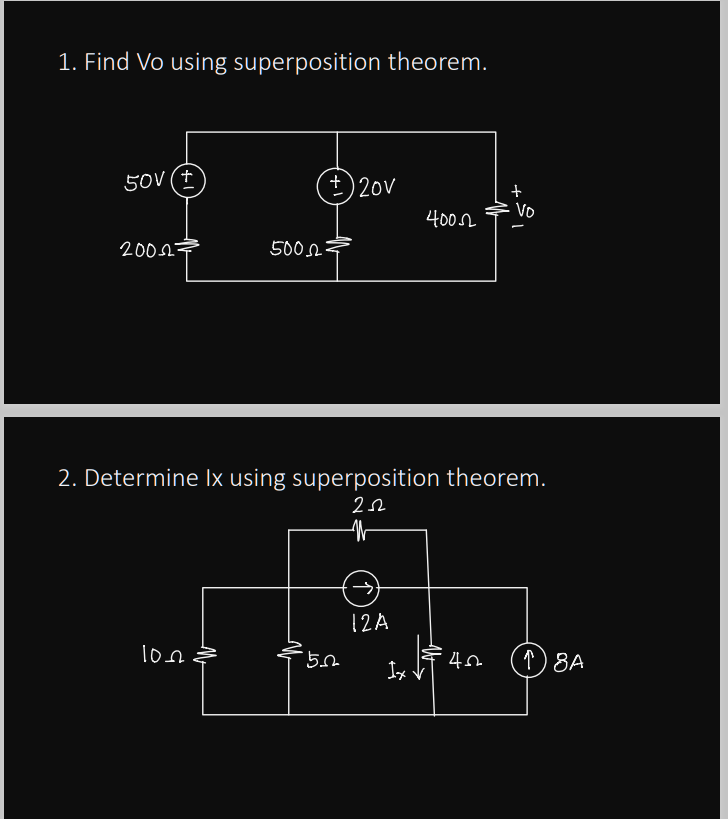 Solved 1. Find Vo using superposition theorem. 50V + +)20V + | Chegg.com